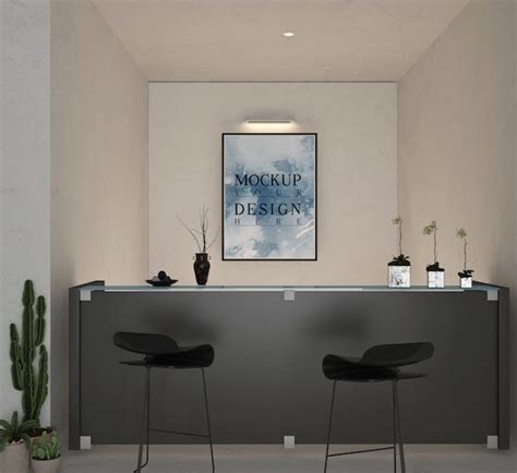 리셉션 데스크가있는 현대적인 호텔 리셉션의 사진 프레임 모형 프리미엄 Psd 파일