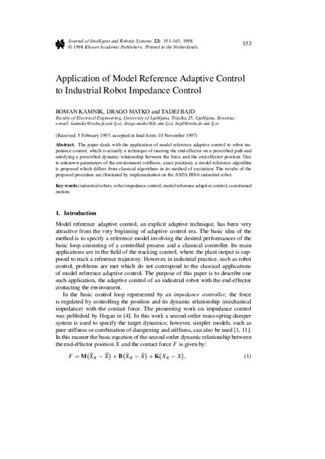 Pdf Application Of Model Reference Adaptive Control To Industrial Robot Impedance Control