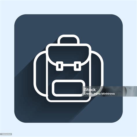 긴 그림자 배경으로 격리 된 화이트 라인 하이킹 배낭 아이콘 캠핑과 산을 탐험 하는 배낭 파란색 정사각형 버튼 벡터 가방에 대한 스톡 벡터 아트 및 기타 이미지 Istock