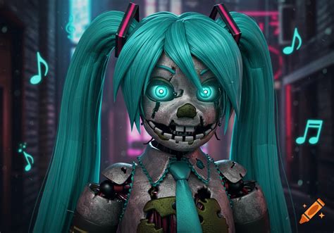 A Horror Themed Animatronic Hatsune Miku With Glowing Blue Eyes