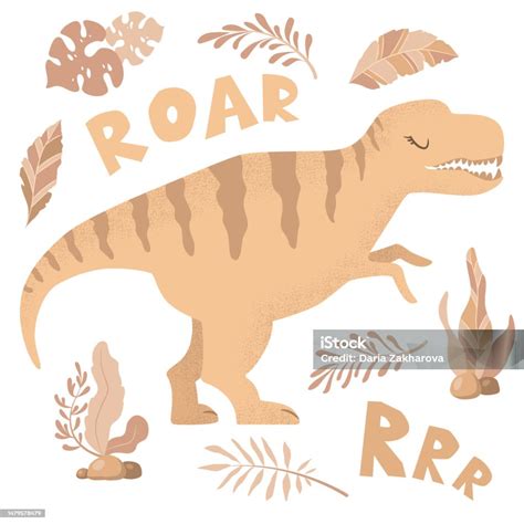 귀여운 손으로 그린 만화 공룡 나뭇잎 나뭇가지들이 흰색 배경에 격리된 벡터 삽화 인쇄 벽지 카드 포스터 보육 장식 디자인 고생물학자에 대한 스톡 벡터 아트 및 기타 이미지