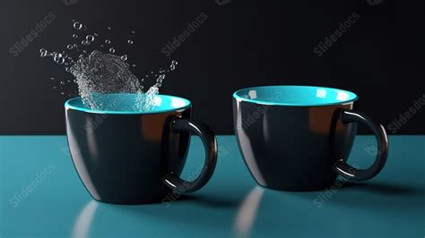 3d Visualization Of Two Hot Coffee Mugs On Black Lids Against A Blue