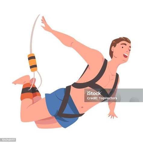 남자 캐릭터와 함께 번지 점프 탄성 코드 벡터 그림에 연결된 큰 높이에서 자유롭게 떨어지는 경외감에 대한 스톡 벡터 아트 및 기타 이미지 경외감 날기 남자 Istock