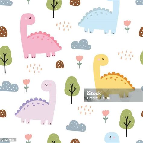 나무와 함께 보육 완벽 한 패턴 공룡 신생아 의류 섬유 및 벽지를 위한 만화 스타일 디자인으로 손으로 그린 디자인 0명에 대한 스톡 벡터 아트 및 기타 이미지 Istock