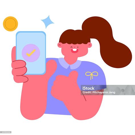 행복 한 여자 스마트폰을 들고 화면에 체크 표시 아이콘 및 황금 동전 모바일 결제 성공 및 금융 승인 플랫 벡터 일러스트 레이