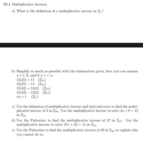 Solved III 4 Multiplicative Inverses A What Is The Chegg Com