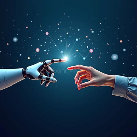 Hands Of Robot And Human Touching On Big Data Network Connection Background Science And