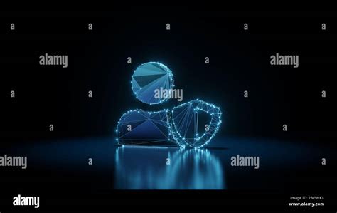 3d Rendering Wireframe Digital Techno Neon Glowing Symbol Of User With Shield With Shining Dots