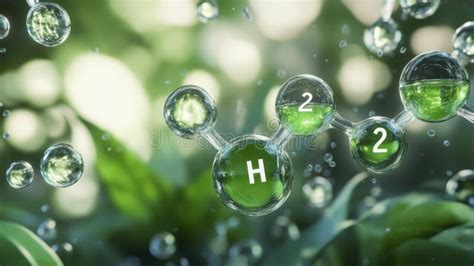 Green Hydrogen Molecule 3d Render With Water Droplets And Leaves Stock