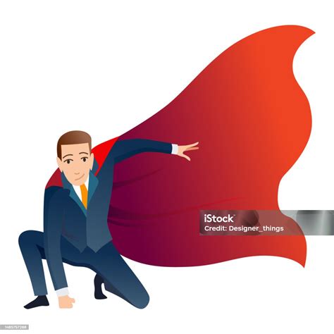 사업가 슈퍼 히어로 캐릭터 의상과 빨간 펄럭이는 망토 망토를 입은 회사원 또는 관리자 화려한 액션에서 만화 강력한 남자는 슈퍼