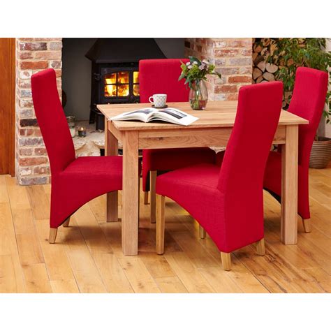 Mobel Solid Oak Furniture Small Dining Table And Four Red Chairs Set