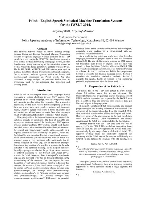 Pdf Polish English Speech Statistical Machine Translation Systems For The Iwslt 2014