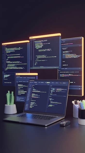 3d Render Software Backend Mock Up With Different Windows With Code