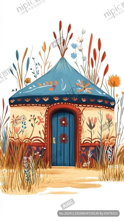 Ai创作图插画蒙古包 茅草屋插画 新疆建筑插画 内蒙草原插画 蒙古草原插画 农家屋插画 阿拉善插画 内蒙产品插画 新疆插画手绘装饰画 蘑菇屋插画 西北画册素材西北插画 阿拉善手绘阿拉善插画