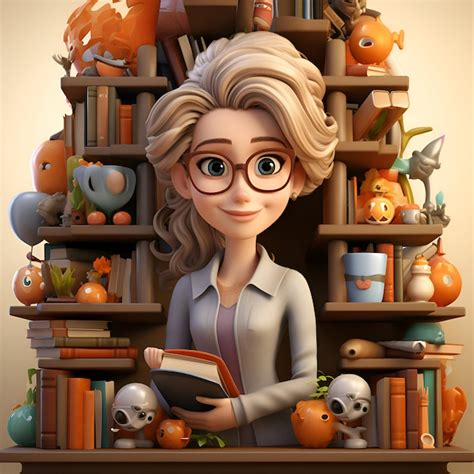 3d Illustration Of A Cute Girl Reading A Book In A Library Premium Ai