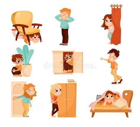 Little Boy And Girl Playing Hide And Seek Game And Having Fun Vector