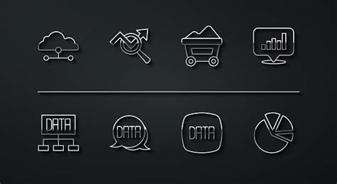 회선 네트워크 클라우드 연결 데이터 분석 파이 차트 인포그래픽 데이터 검색 및 탄광 트롤리 아이콘을 설정합니다 벡터 개념에 대한