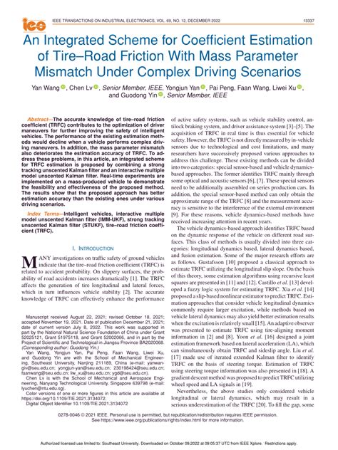 Pdf An Integrated Scheme For Coefficient Estimation Of Tire Road Friction With Mass Parameter