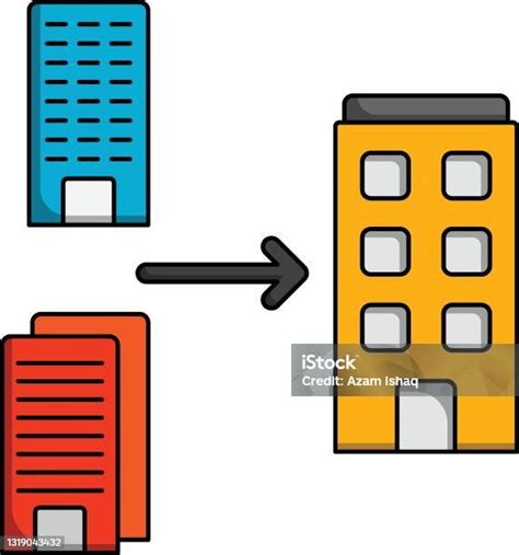 융합 개념 비즈니스 통합 벡터 컬러 아이콘 디자인 두 개 이상의 회사 주식 일러스트레이션 M 및 기호 흰색 배경의 합병 기업