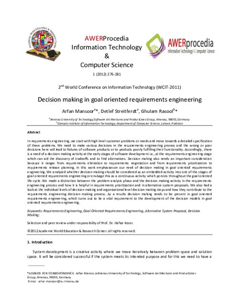 Pdf Decision Making In Goal Oriented Requirements Engineering