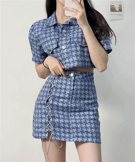 투피스set바지안감 퍼피 탄탄 하운드 체크 고퀄 투피스 반팔 크롭 자켓 스트링 스커트 에이블리