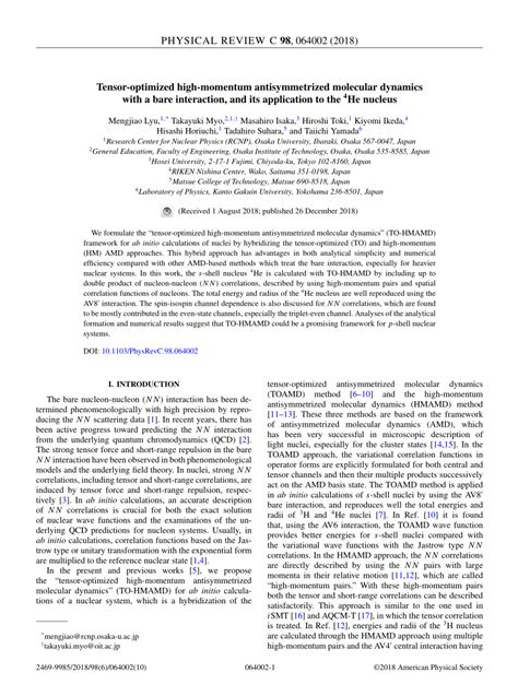 Pdf Tensor Optimized High Momentum Antisymmetrized Molecular Dynamics