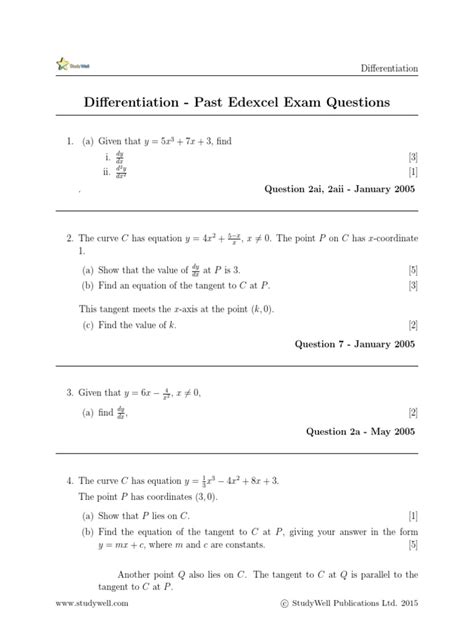Differentiation Exam Questions Tangent Equations
