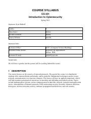 CS 351 Syllabus Pdf COURSE SYLLABUS CS 351 Introduction To Cybersecurity Spring 2021