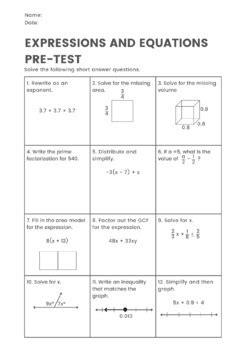 6 EE Expressions And Equations Pre Test And Post Test TPT