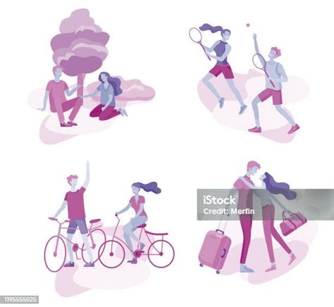 행복한 연인 관계 로맨틱 한 커플 키스 포옹 자전거 타기 걷기 테니스 기타 요가 댄스와 장면 캐릭터 발렌타인 데이 세트입니다