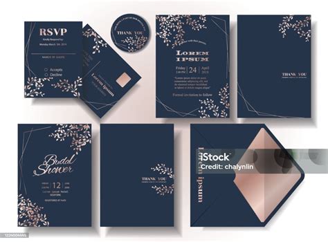로즈 골드 리프 패턴 웨딩 초대장 다크 블루 톤 배경 Rsvp 카드 세트 봉투 웨딩 커플에 적합합니다 그림 벡터 결혼식에 대한 스톡 벡터 아트 및 기타 이미지 Istock