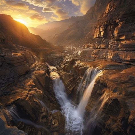 Waterfall Flowing Down Jebel Jais In The Style Of Marc Adamus Imagella