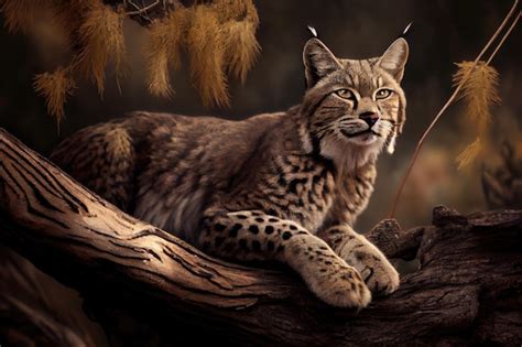 Premium AI Image Bobcat Lying On Tree Branch Surveying Its Surroundings