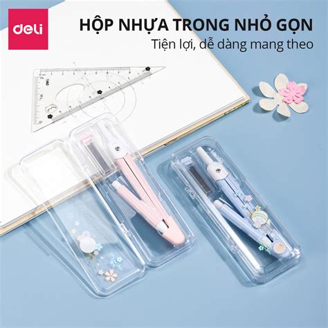 Bộ Compa Bấm Chì 2b Học Sinh Màu Pastel Xinh Xắn Deli Kèm Lõi Chì Vẽ Tranh Hình Học Kỹ Thuật
