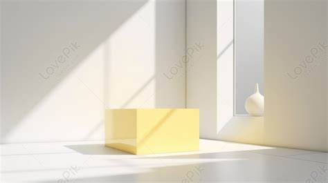 생생한 3d 렌더링 창 그림자 배경이 있는 매끄러운 흰색 방에 제품을 표시하는 눈길을 끄는 밝은 노란색 사각형 연단 노란 창 배경 눈길 배경 연단 배경 이미지 Hd