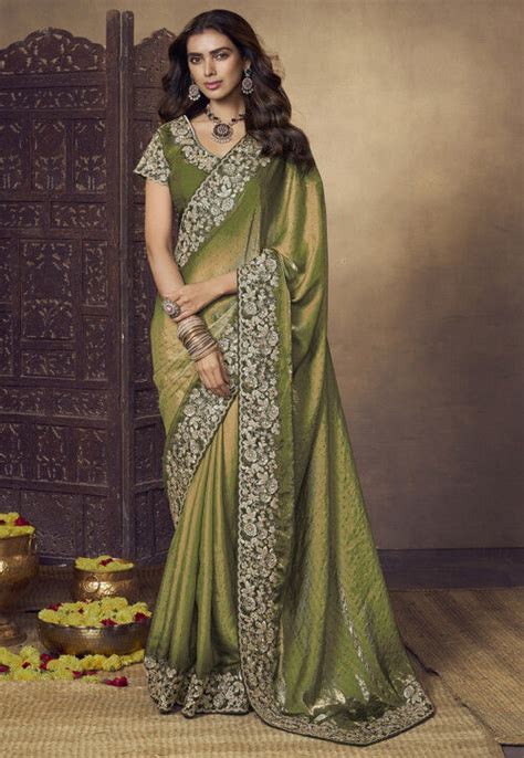 Buy Embroidered Satin Saree In Olive Green Online Set596 Utsav Fashion