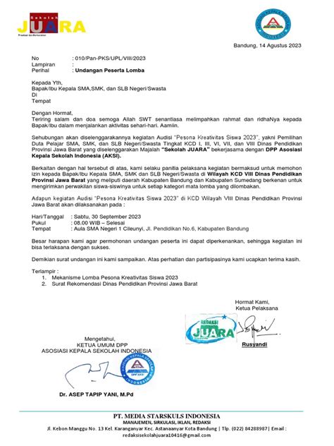 Surat Undangan Peserta Lomba Wilayah Kcd Viii Pdf