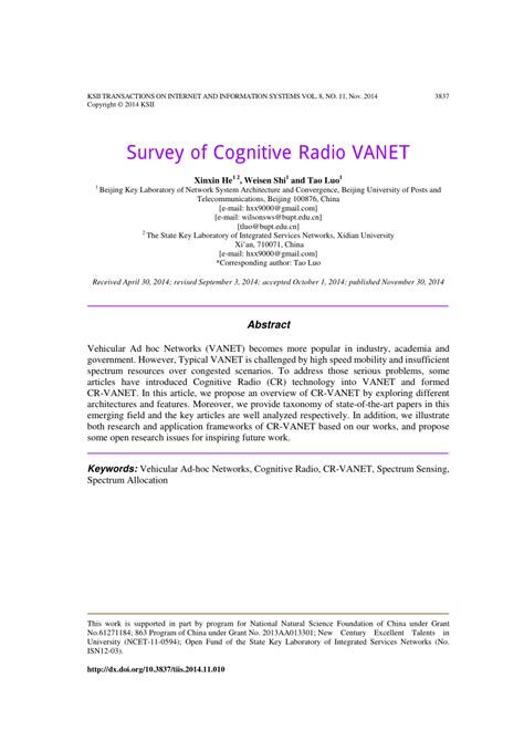 Pdf Survey Of Cognitive Radio Vanet