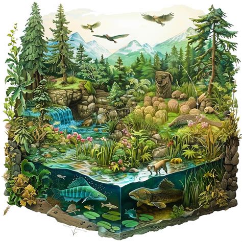 A Detailed Illustration Of A Food Web Model In A Freshwater Ecosystem Premium Ai Generated Image