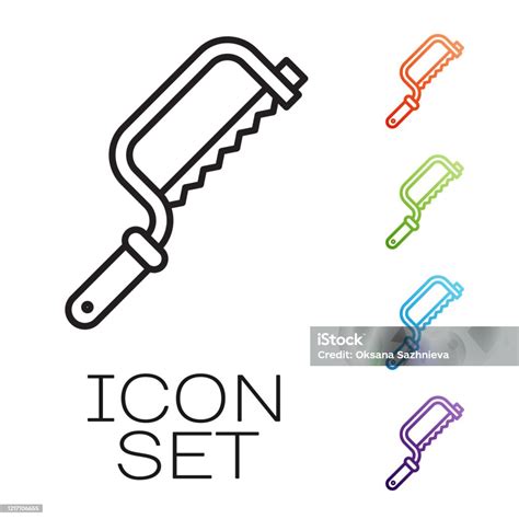 흰색 배경에 격리 된 검은 선 쇠톱 아이콘입니다 나무와 금속 금속 톱 다채로운 아이콘을 설정합니다 벡터 일러스트레이션 가정 생활에 대한 스톡 벡터 아트 및 기타 이미지