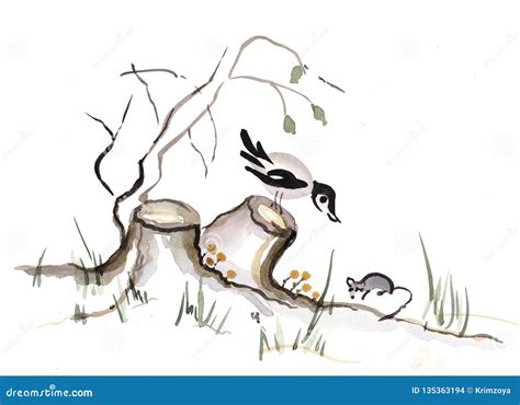 Raven And Mouse Stock Illustration Illustration Of Grass 135363194