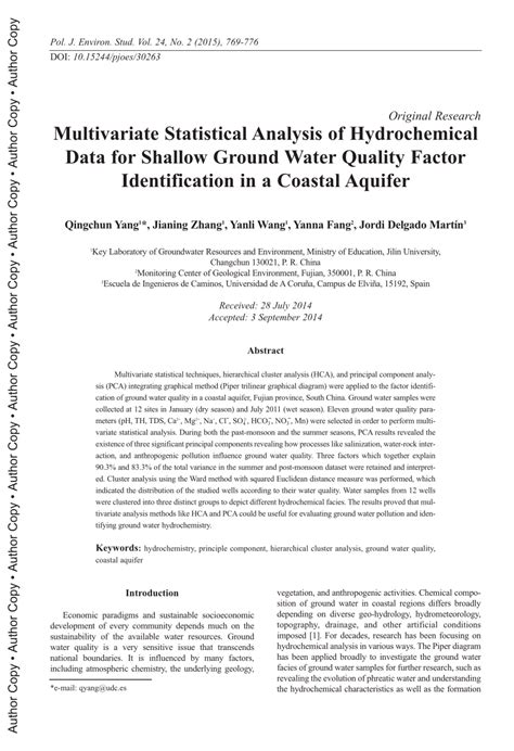Pdf Multivariate Statistical Analysis Of Hydrochemical Data For Shallow Ground Water Quality