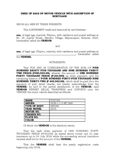 Deed Of Sale Of Motor Vehicle With Assumption Of Mortgage Deed Of