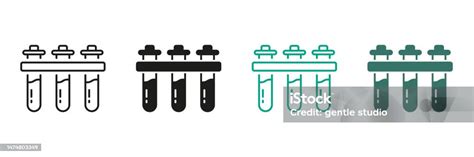 테스트 튜브 라인과 실루엣 아이콘 세트 화학 비커 블랙과 컬러 심볼 컬렉션 의료 실험실 샘플 픽토그램 화학 실험 유리 플라스크