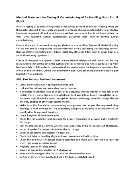 Method Statement For Testing And Commissioning Of Ahu Pdf Duct Flow