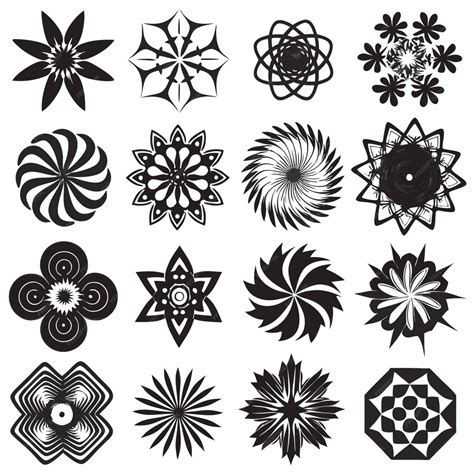 Set Of 16 Different Black And White Floral Shapes Isolated On A White