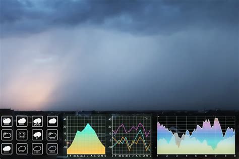 그래프와 차트가 있는 폭우와 폭풍 구름의 극적인 대기 파노라마 공중 보기 경계 표지에 대한 스톡 사진 및 기타 이미지 경계