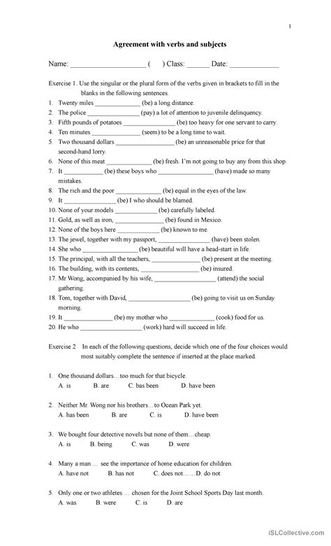 subject verb agreement 1 agreement with verbs and subjects name