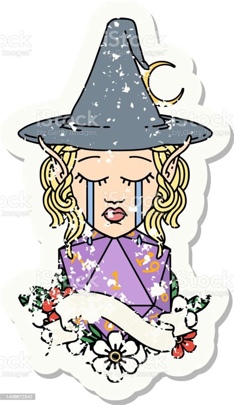 울고 엘프 마법사 캐릭터 얼굴 자연 하나 D20 롤 그런 지 스티커 굴리기에 대한 스톡 벡터 아트 및 기타 이미지 굴리기