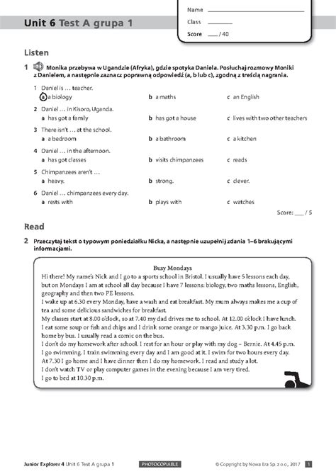 Junior Explorer Unit Test A Grupa Listening Reading Studocu
